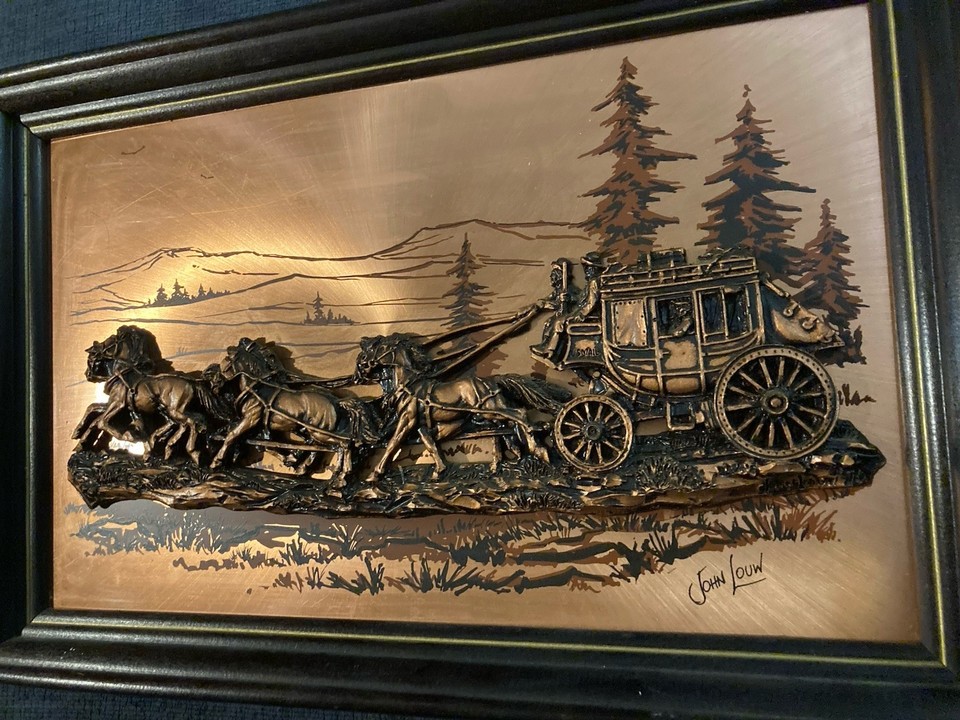 Rare JOHN LOUW 3D Framed COPPER ART Pony Express STAGECOACH US Mail ...