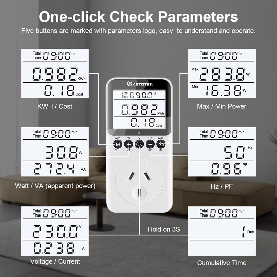 Plug Power Meter, Home Electricity Usage Monitor 240V, Energy Watt ...