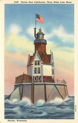 Vintage Postcard; Racine Reef Lighthouse 3 Miles from Shore, Racine WI ...