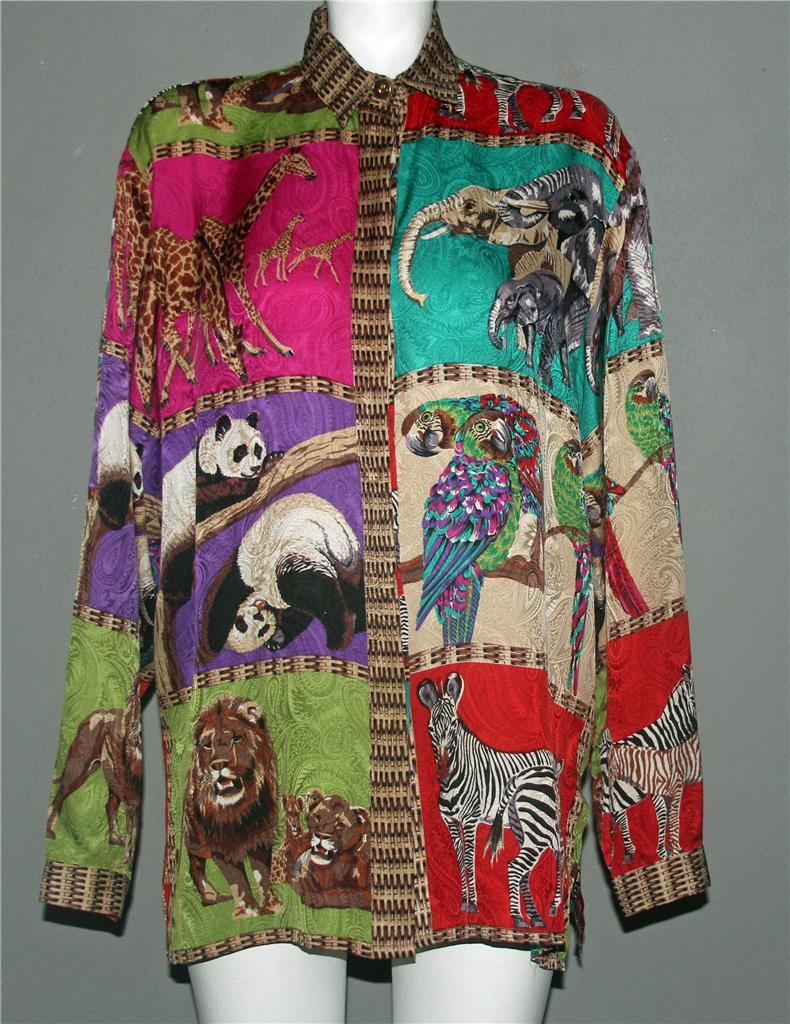 VTG Jerri Sherman Colorful SAFARI Jungle Animals Paisley Silk Blouse ...