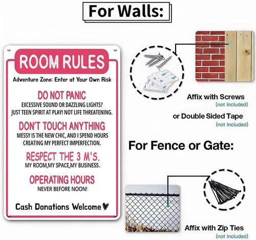 YOYI ART Room Rules Sign for Teen Girls - Cute Pink Cool Preppy White ...