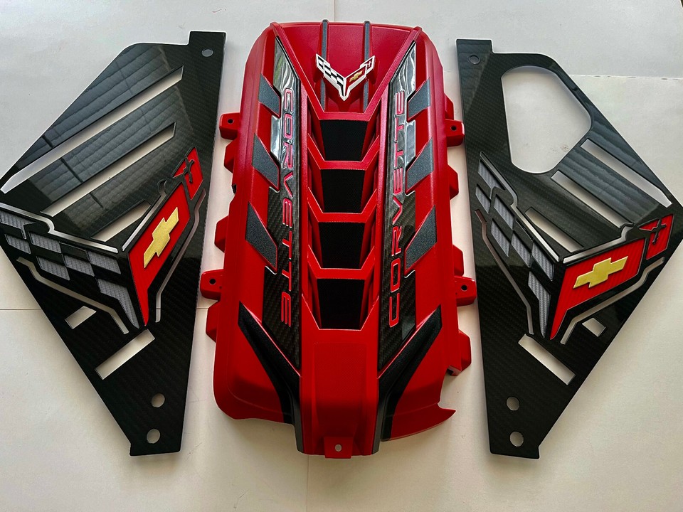 2020/24 CORVETTE C8 ENGINE COVER TORCH RED SILVER EMBLEM CARBON FIBER ...
