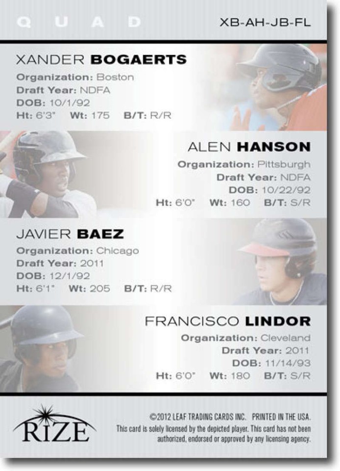 2012 Leaf Rize Draft Blue Top Prospects Quad Manny Banuelos Brandon ...