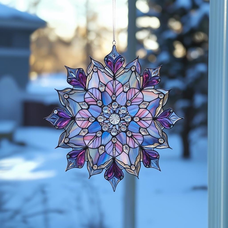Frozen Crystal Snowflake Faux Stained Glass Suncatcher, Blue Acrylic ...