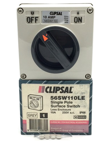 CLIPSAL 56SW110LE Surface Switch 1 Gang 1P 10A 250V Grey Less Enclosure ...