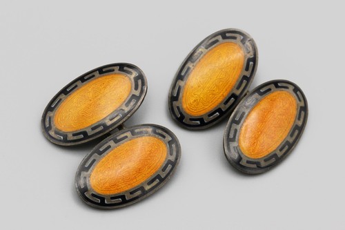 RARE Sterling Silver Orange Guilloche Enamel Cufflinks, Antique Art ...