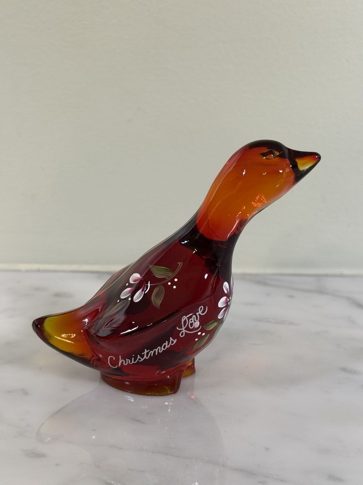 Fenton Cadmium Ruby “Christmas Love” Goose 4” Hand Painted M. Young UV ...