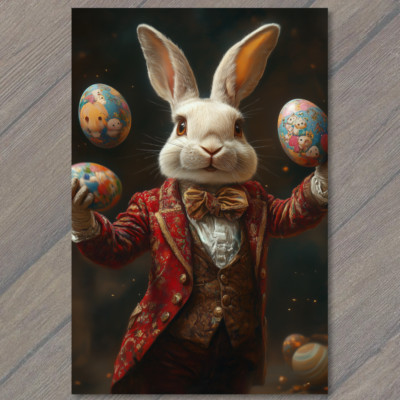 POSTCARD Stylish Bunny Rabbit Juggling Colorful Easter Eggs Elegant ...