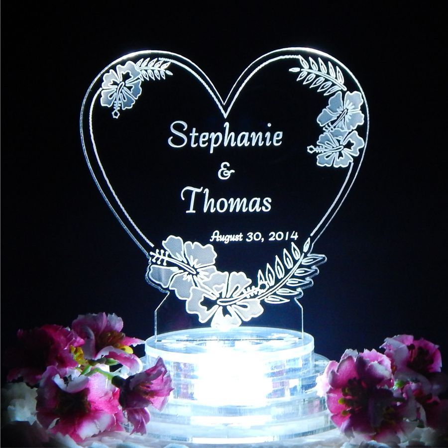 Beach Hibiscus Heart LED Lighted Wedding Cake Topper Acrylic Top Custom ...