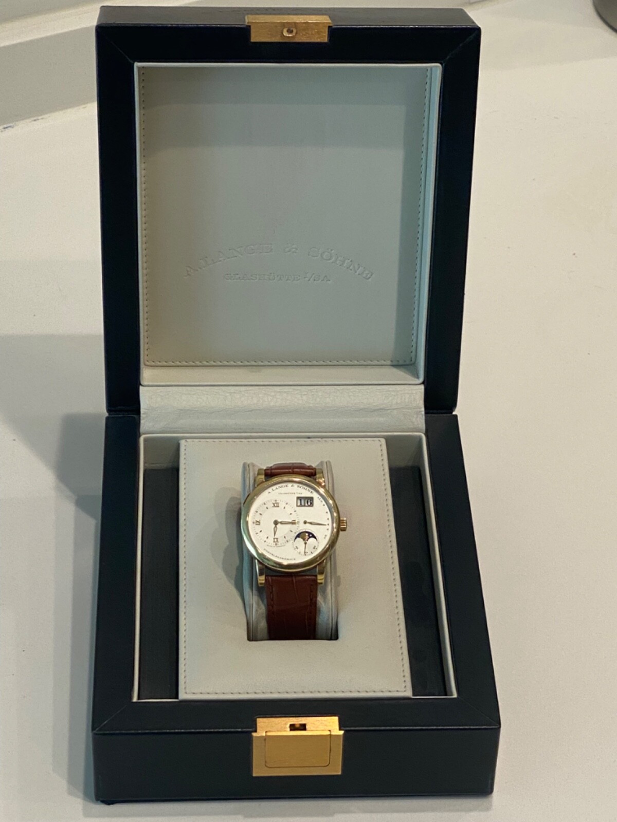 A. LANGE & SOHNE LANGE 1 MOON PHASE 109.021 BOX & PAPERS NEW STRAP/TANG ...