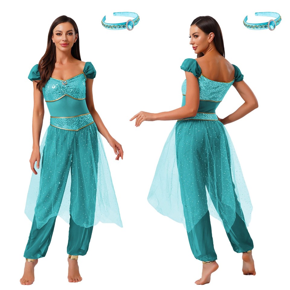 US~ Womens Arab Princess Cosplay Belly Dance Jumpsuit Tulle Overlay ...
