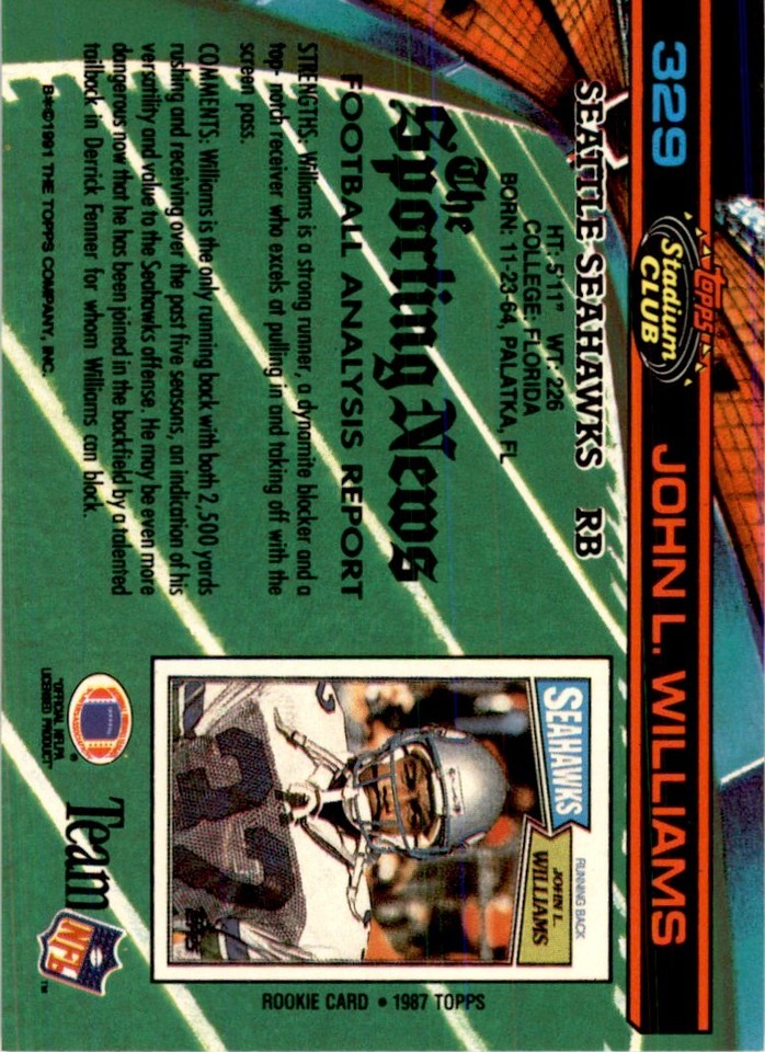 1991 Stadium Club John L. Williams . Seattle Seahawks #329 | eBay