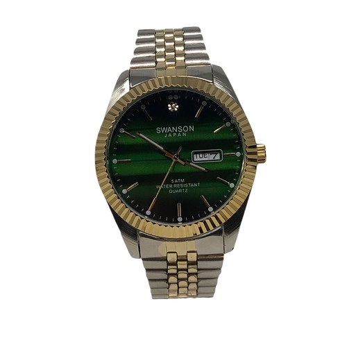 NEW! 45MM Men's Swanson Japan Watch - Green Dial Two Tone Band Water ...
