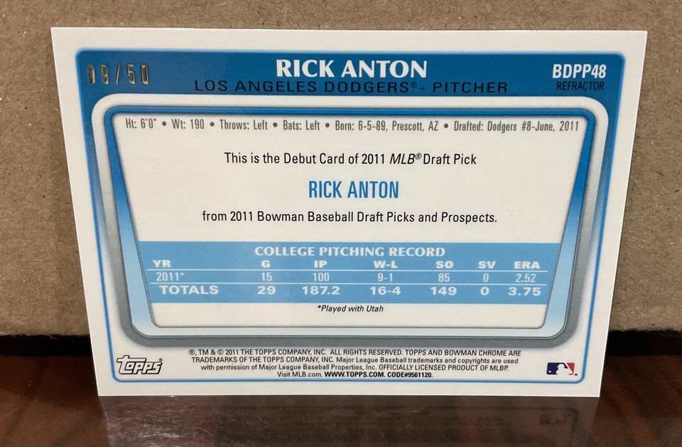 RICK ANTON 2011 TOPPS 1ST BOWMAN CHROME GOLD REFRACTOR /50 #BDPP48 - DODGERS | eBay