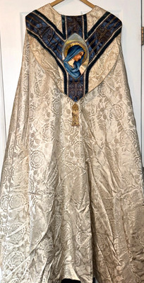 VTG CATHOLIC PRIESTS IVORY BROCADE BLUE & GOLD VIRGIN MARY COPE HOLY ...