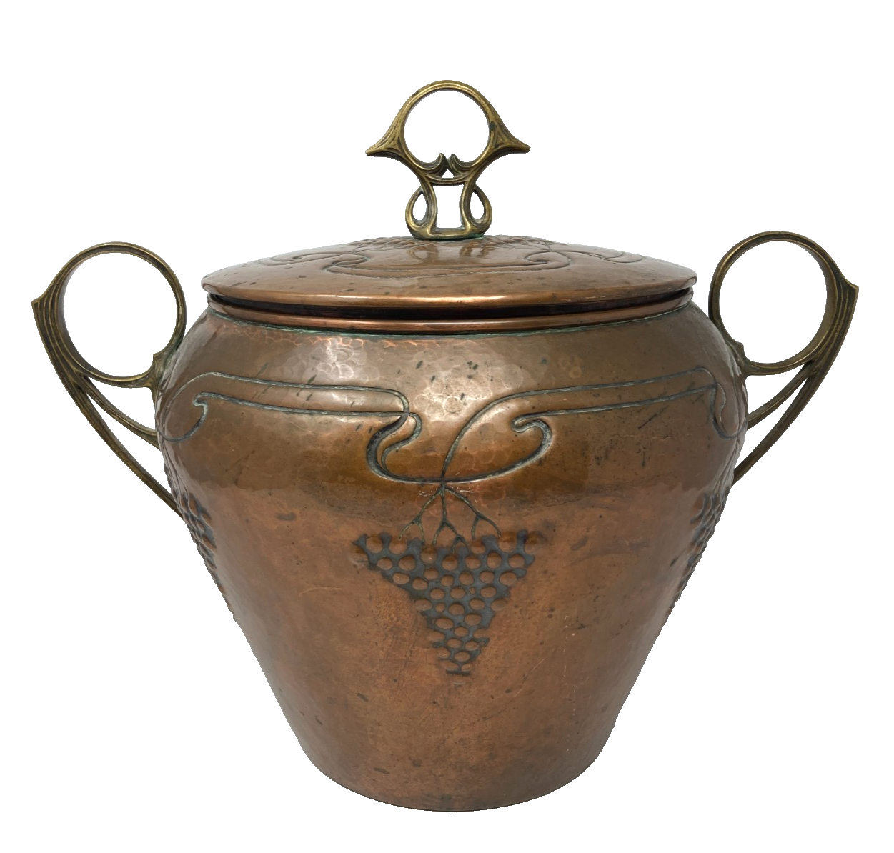 Hammered Copper Lidded Urn Bucket Brass Handles Large Vintage 14.5" x ...