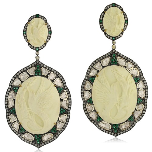 87.ct Carved Bird Cameo Uncut Diamond Emerald Border Dangle Earrings ...