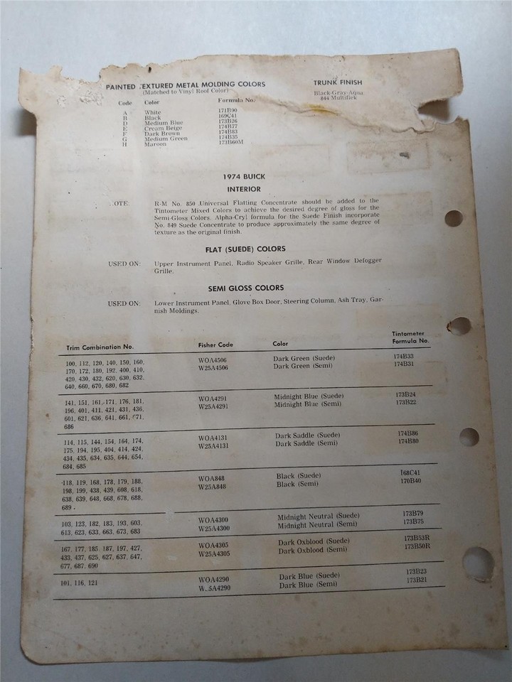 1974 BUICK Original RM RINSHED-MASON Automotive Paint Color Chart | eBay