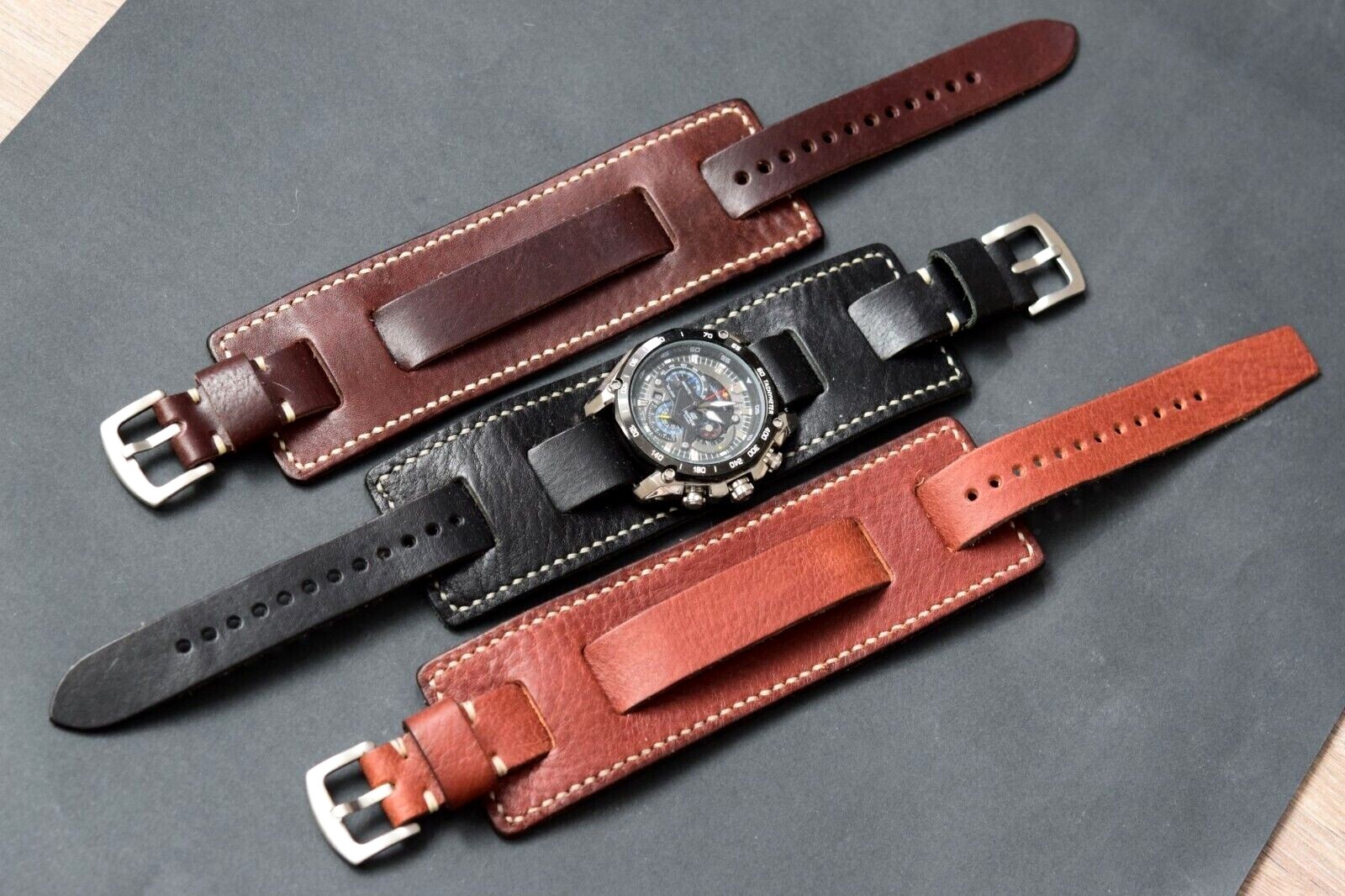 Full grain leather watch strap bund 18-26 mm hand crafted military cuff ...