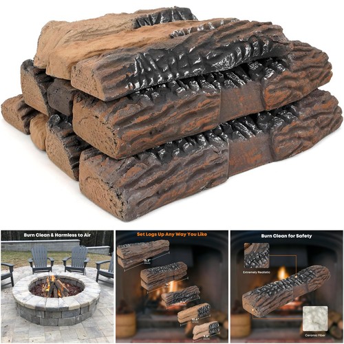 10 Piece Large Ceramic Gas Logs Set for Ventless Fireplace - Realistic ...