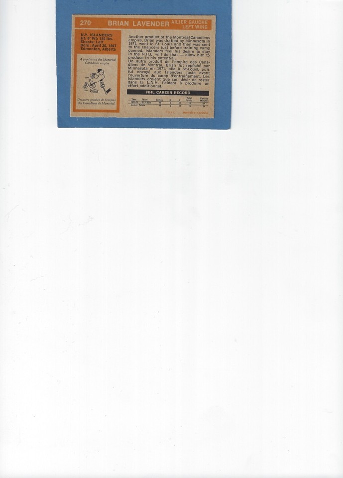 1972-73,OPC,O-PEE-CHEE HOCKEY,#270,BRIAN LAVENDER,RC,NEW YORK ISLANDERS ...