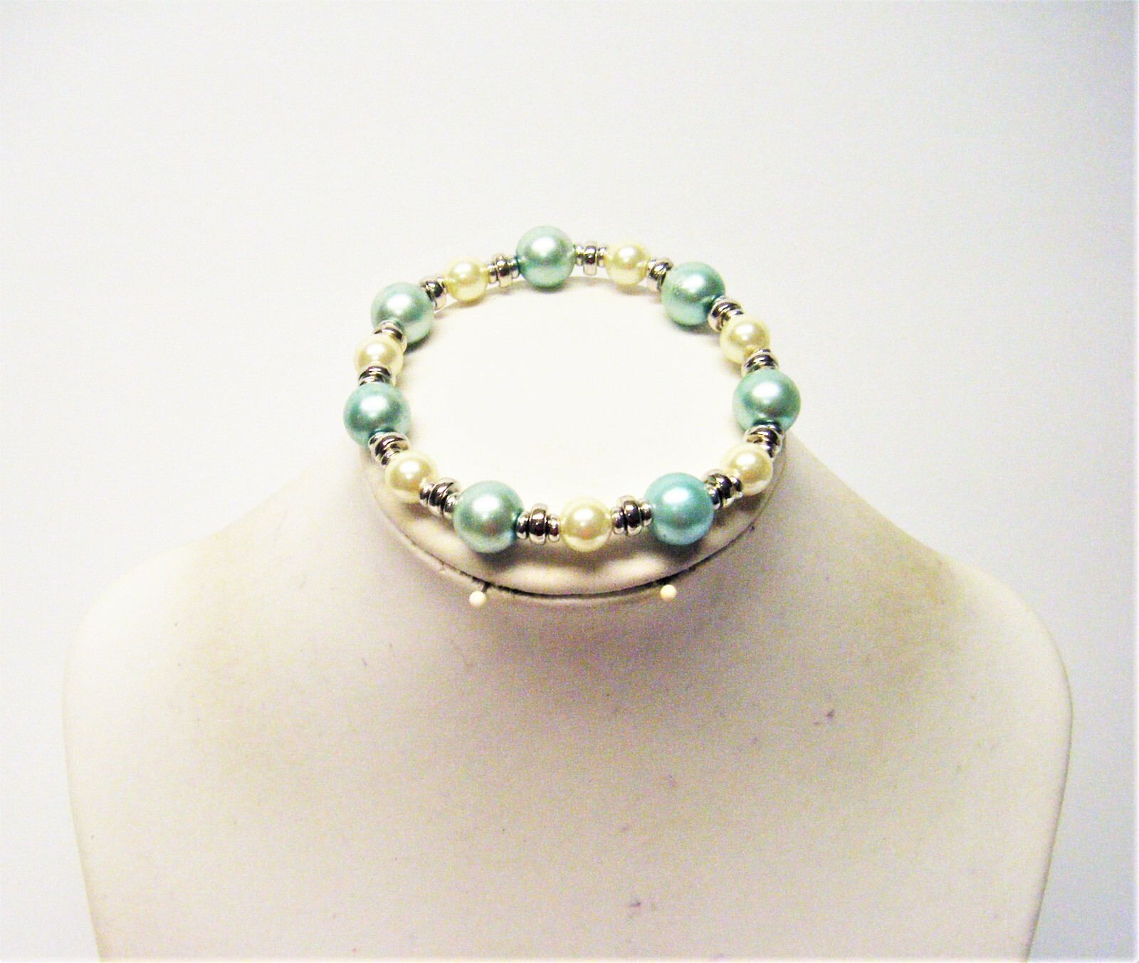 Aqua/Ecru Glass Pearl w/Silver CCB Flat Round Spacer Bead Bracelet | eBay