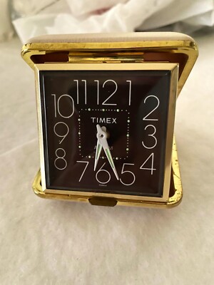 Vintage Timex Alarm Table Travel Clock Gold Tone Beige Vinyl Case | eBay