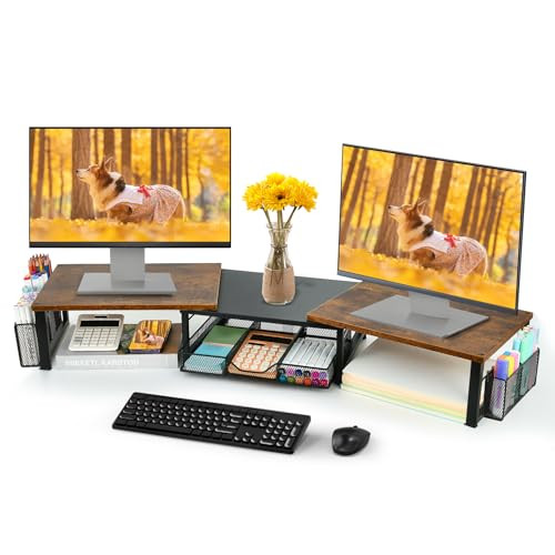 Desk Dual Monitor Stand Riser - Desk Organizer with Drawer and Pen ...