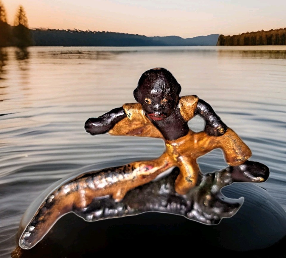 Cast Iron Bottle Opener Vintage Painted Alligator Chasing Man Nipping ...