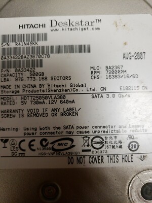 Hitachi Deskstar HDS721050CLA362 500GB SATA 7200RPM 3.5" 0F10381 TESTED ...