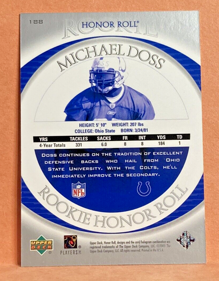 2003 Upper Deck Honor Roll MIKE DOSS Rookie RC /2003 Card #188 Colts | eBay