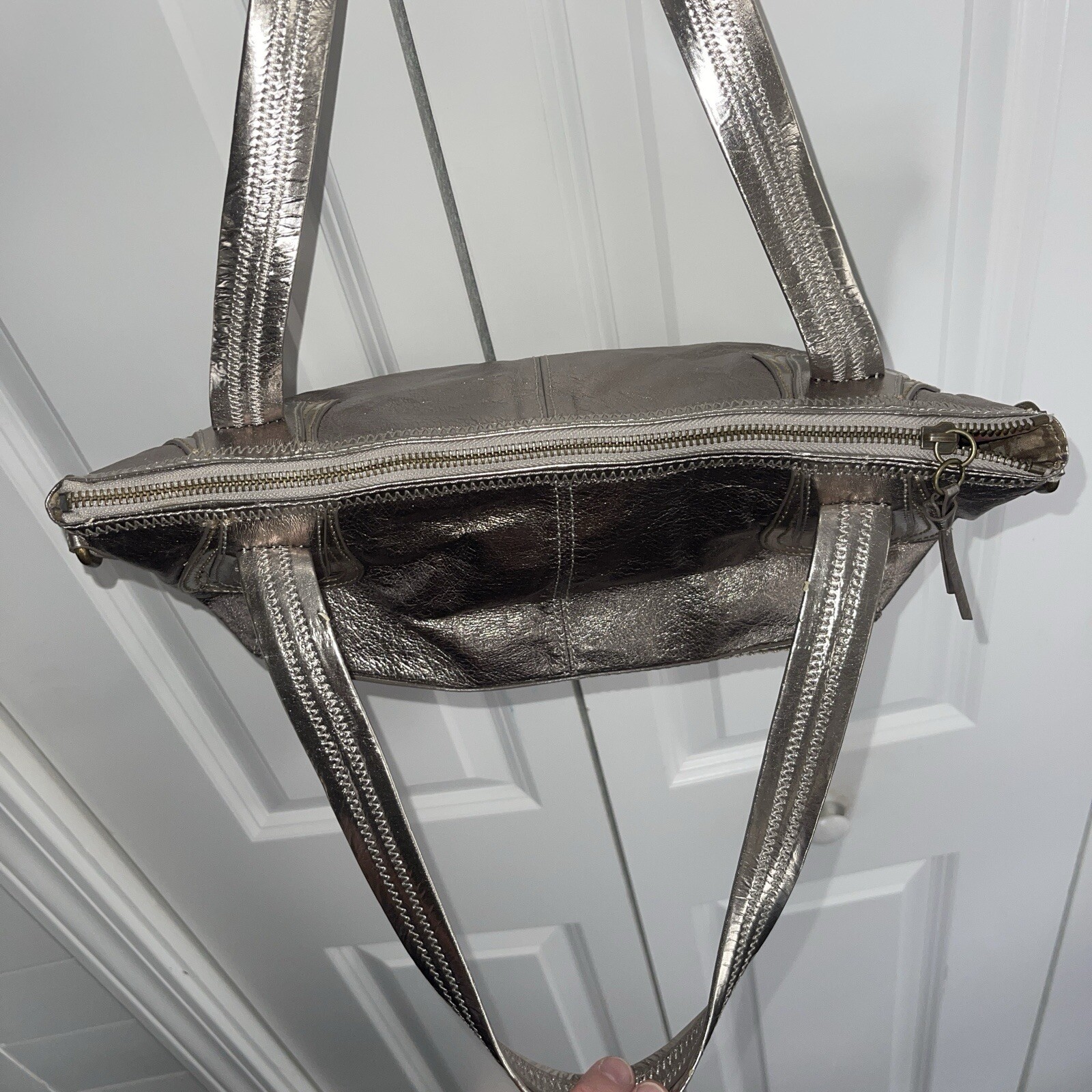 RARE The Sak Metallic Chrome Silver Pig Leather Shiny Shoulder Hobo Bag ...