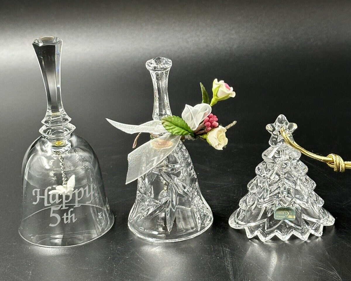 Lot of 3 Glass and Crystal Bells Mikasa Christmas Tree Bell Happy 5th ...
