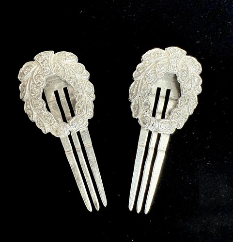 (2) Set Hair Clips Comb Art Deco Wreath Clear Rhinestones Silver Tone ...