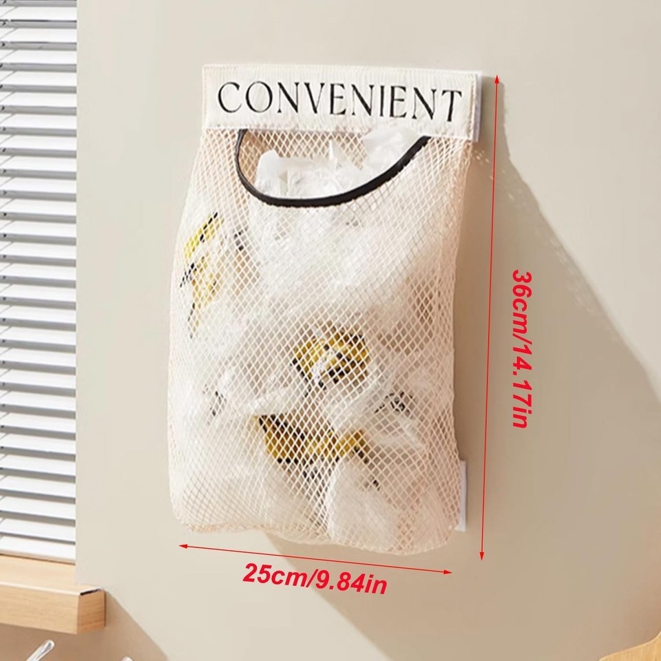Wall Mount Mesh Storage Bag Hanging Plastic Bag Organizer with Elastic ...