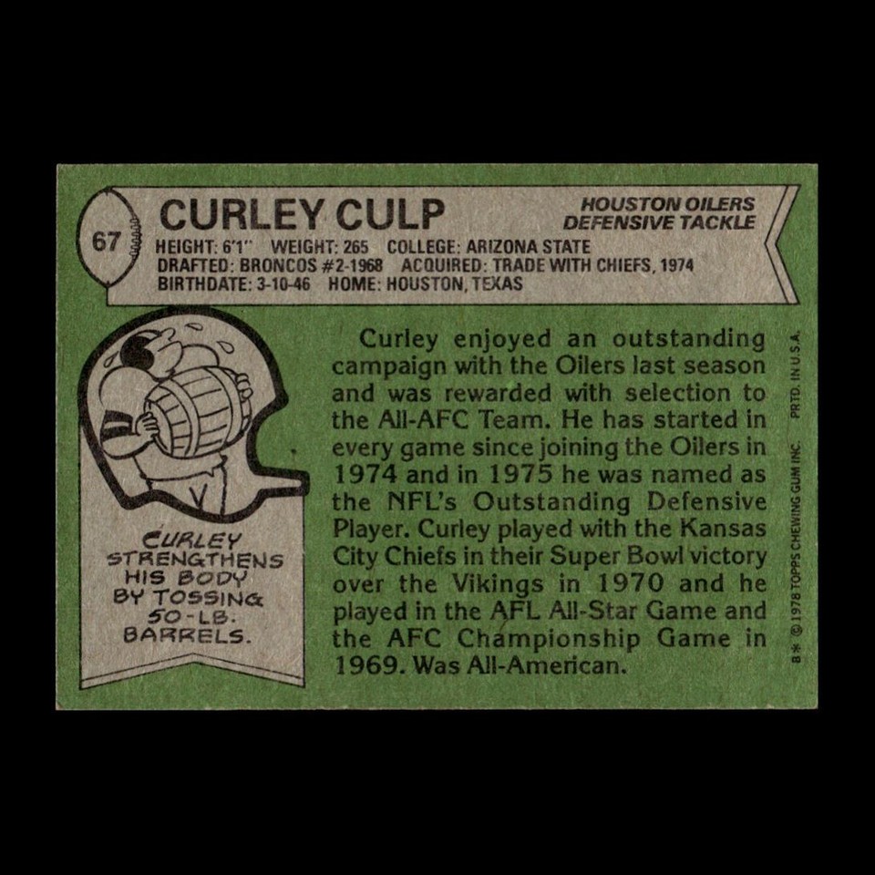 Curley Culp 1978 Topps Houston Oilers #67 R308C 2 | eBay
