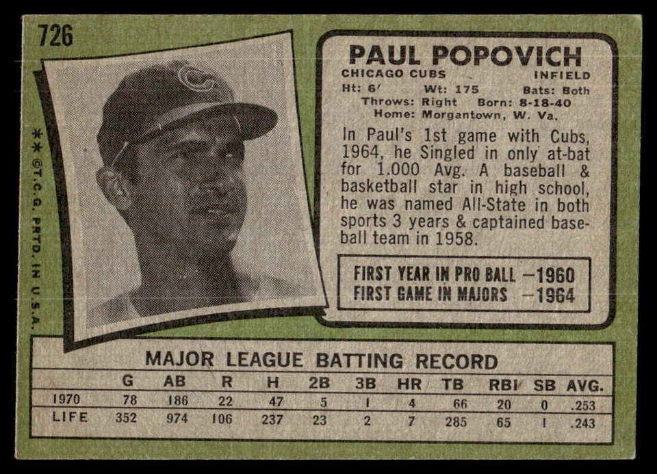 1971 Topps #726 Paul Popovich Chicago Cubs VG-VGEX | eBay