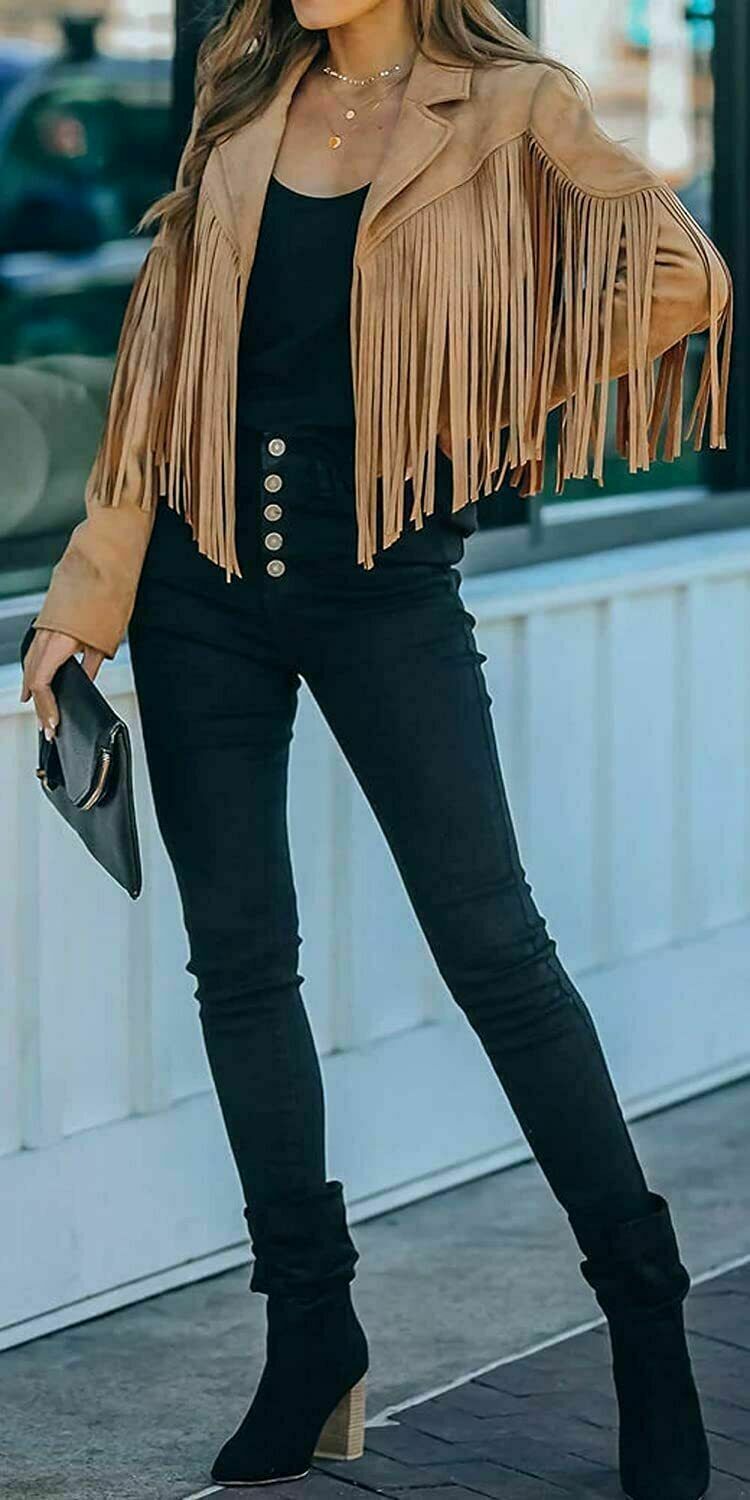 Women's Chic Cropped Tassel Fringe Faux Suede Moto Jacket - Chartou ...