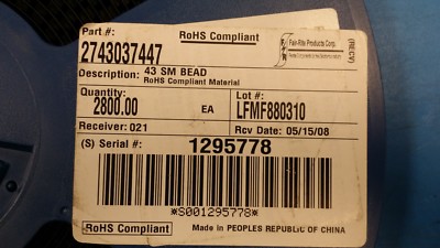 (100 PCS) 2743037447 FAIR-RITE Ferrite Beads 43 SM BEAD Z=100 OHM ...