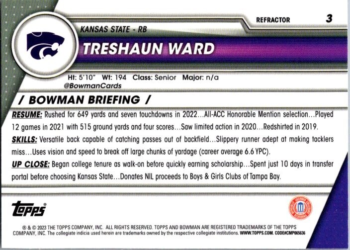 Treshaun Ward 2023 Bowman Chrome University Refractor 1st Bowman #3 KSU ...