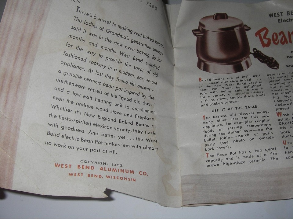Vintage 1952 West Bend Electric Bean Pot Heat-Rite Base Recipe Book ...