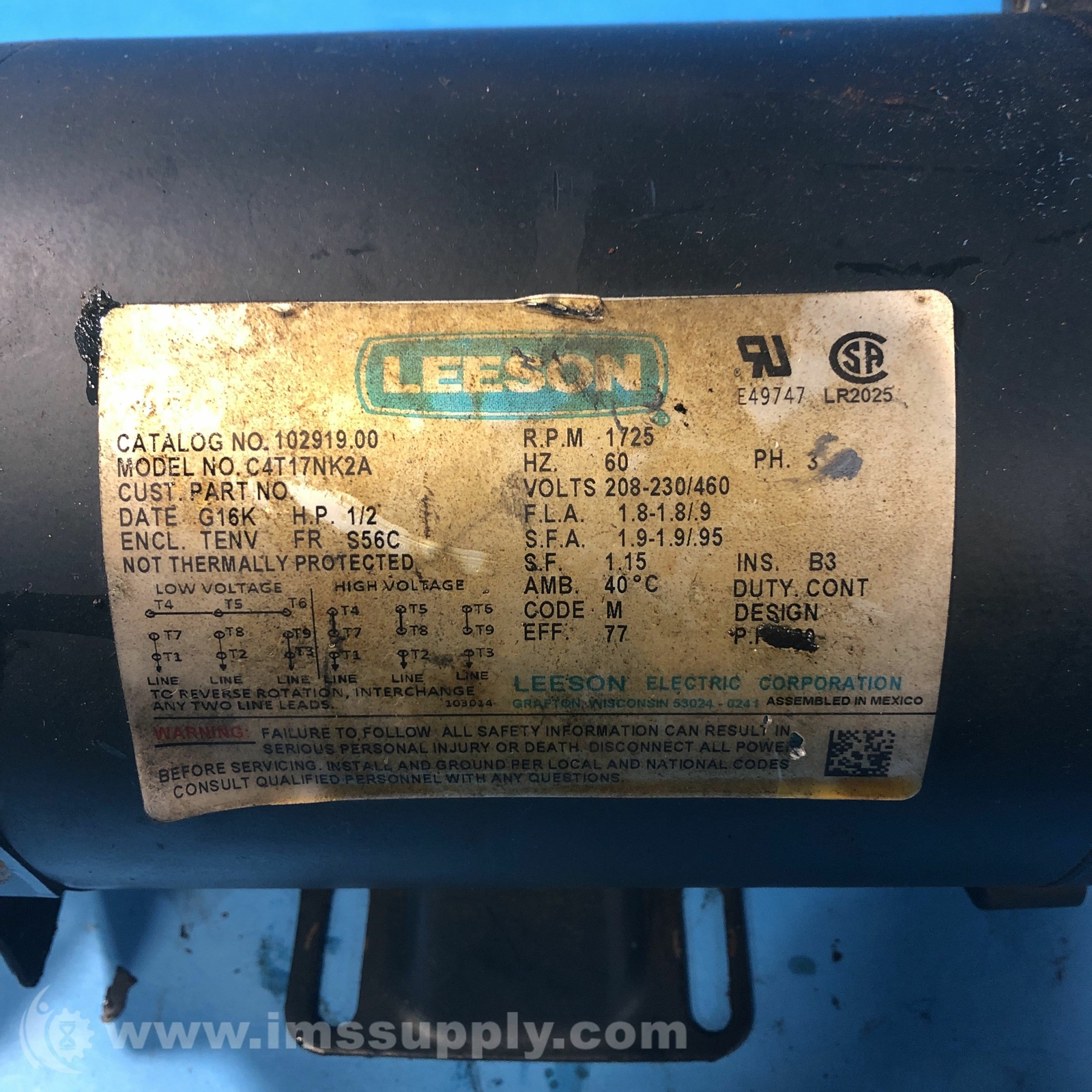 Leeson C4T17NK2A 1/2HP 1725 RPM 3 Phase S56C Frame AC Motor USIP for ...