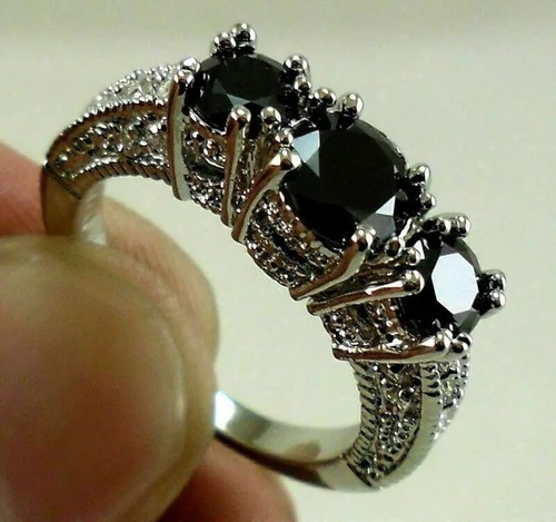 2.5Ct Lab-Created Black Diamond Three-Stone Engagement Ring In 14k ...