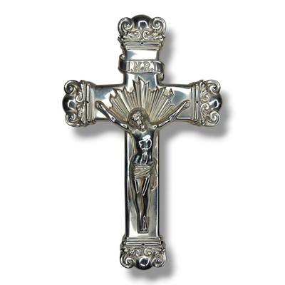 Vintage Crucifix INRI Inscription Silver Tone Heavy Metal Wall Burial ...