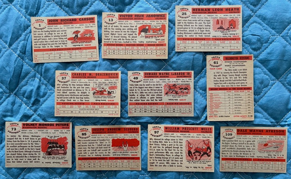 1956 Topps LOT OF 10 WASHINGTON COMMANDERS LeBARON + all SHORT PRINTS ...