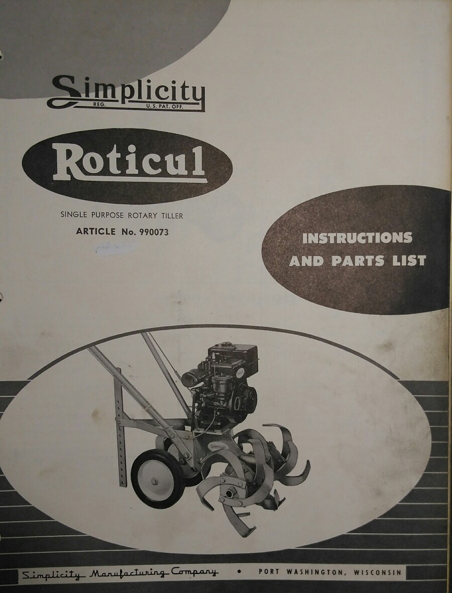 Simplicity Roticul Rotary Tiller Walk-Behind Tractor Owner & Parts ...