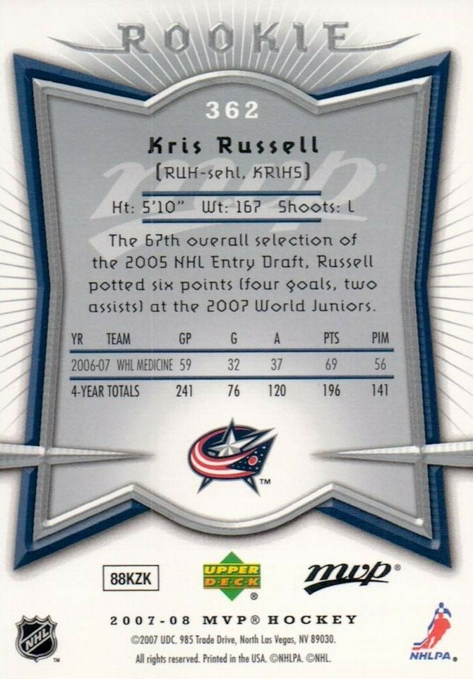Kris Russell Columbus Blue Jackets 2007-08 Upper Deck MVP 362 RC | eBay