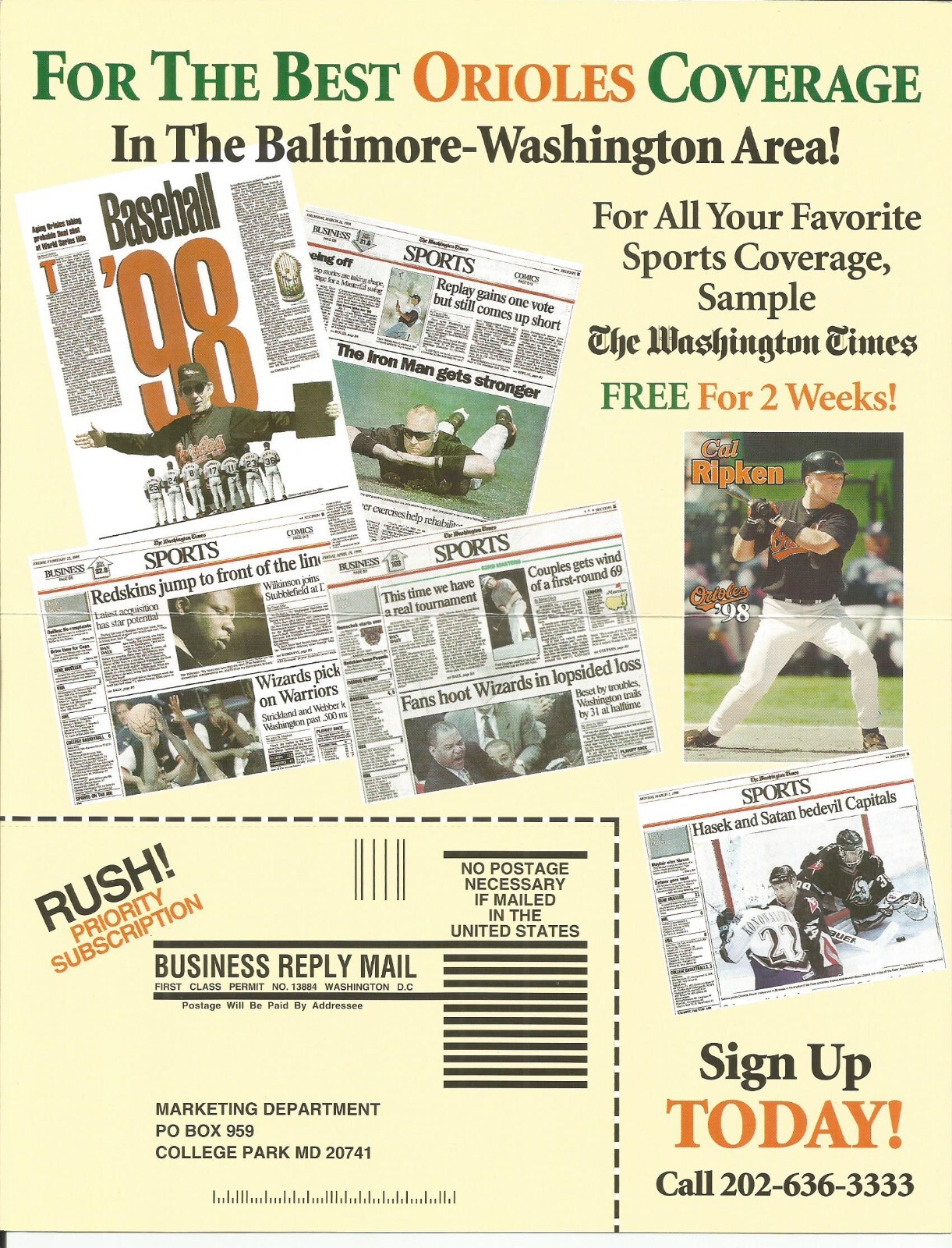 Late 1990s Washington Times Newspaper Ad Featuring Cal Ripken Baltimore ...