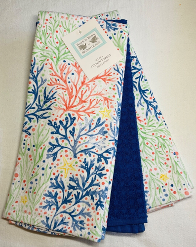 SIGRID OLSEN HOME KITCHEN TOWELS (3) CORAL BLUE ORANGE GREEN WAFFLE ...
