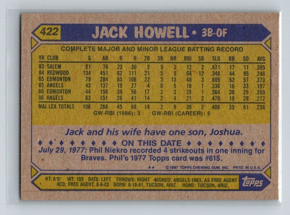 1987 Topps #422 Jack Howell California Angels Baseball Card | eBay